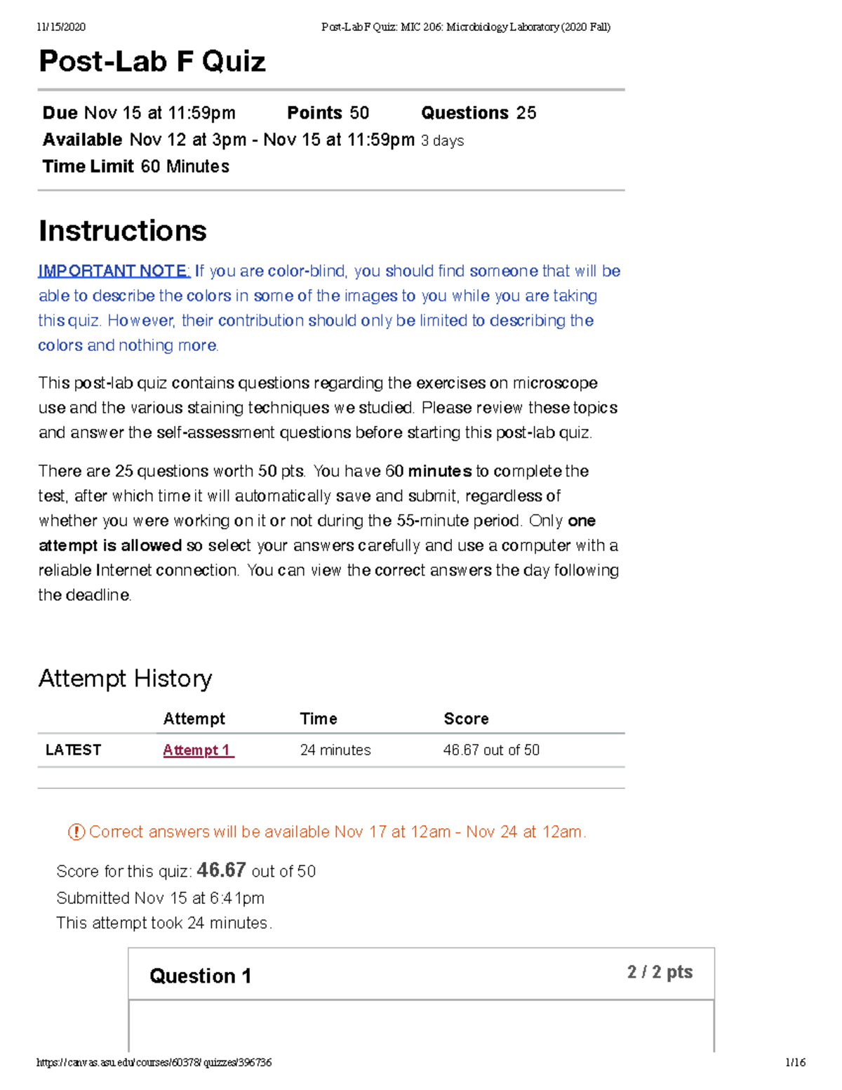 Post-Lab F Quiz - MIC 206 Post LAb quiz - Post-Lab F Quiz Due Nov 15 at ...