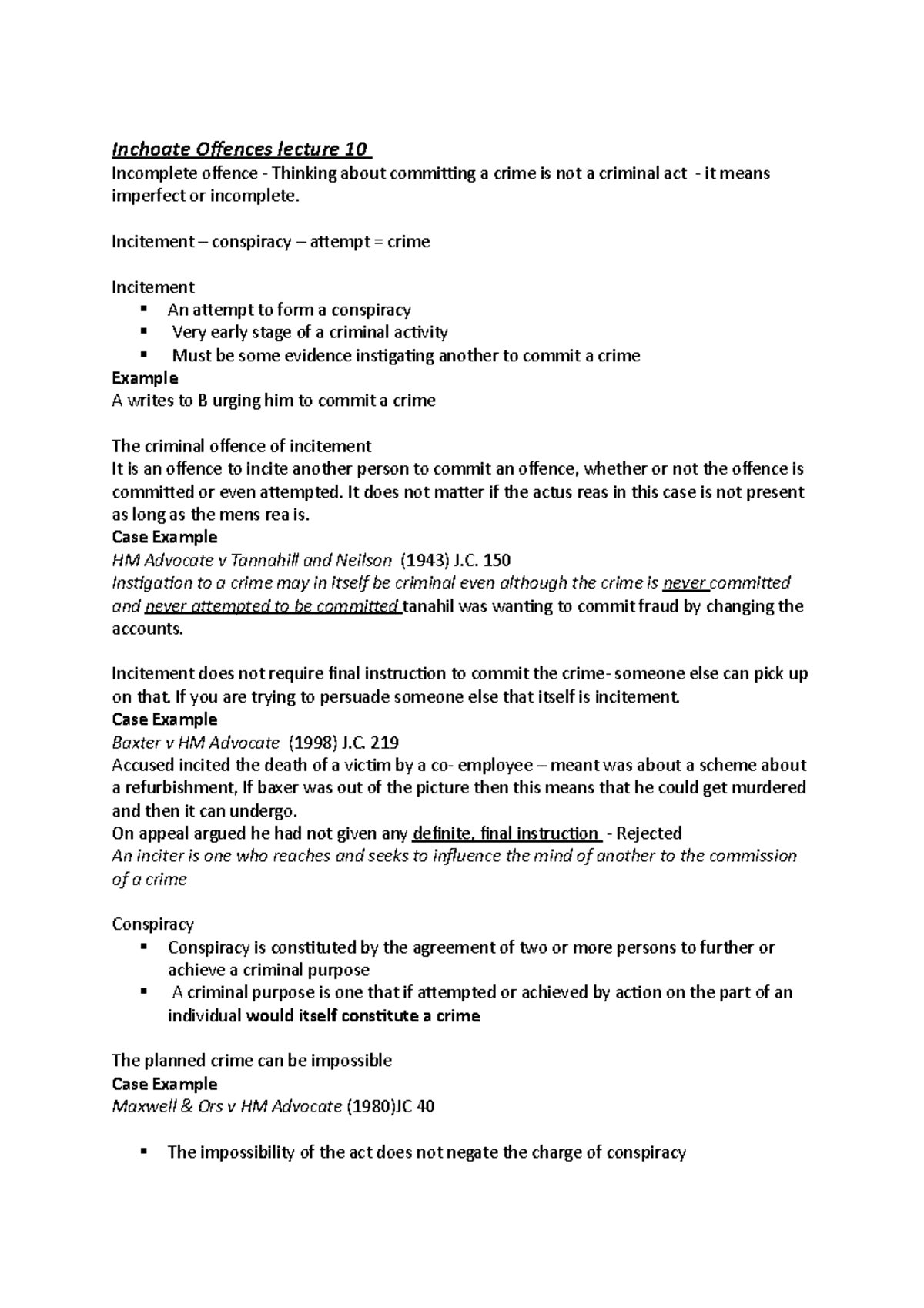 Inchoate Offences lecture 10 - Incitement – conspiracy – attempt ...