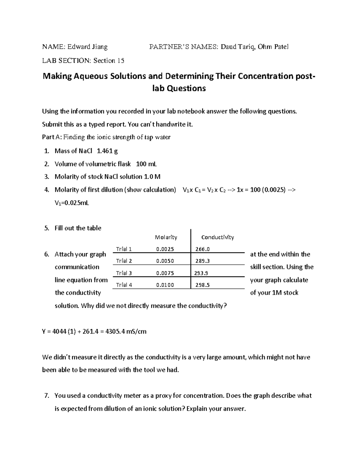 Lab 6, Post lab Questions, Making Aqueous Solution and Determining ...