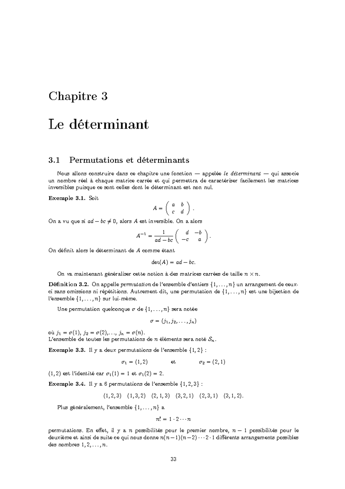 Chapitre 3 Déterminants - Chapitre 3 Le déterminant 3 Permutations et déterminants Nous allons ...