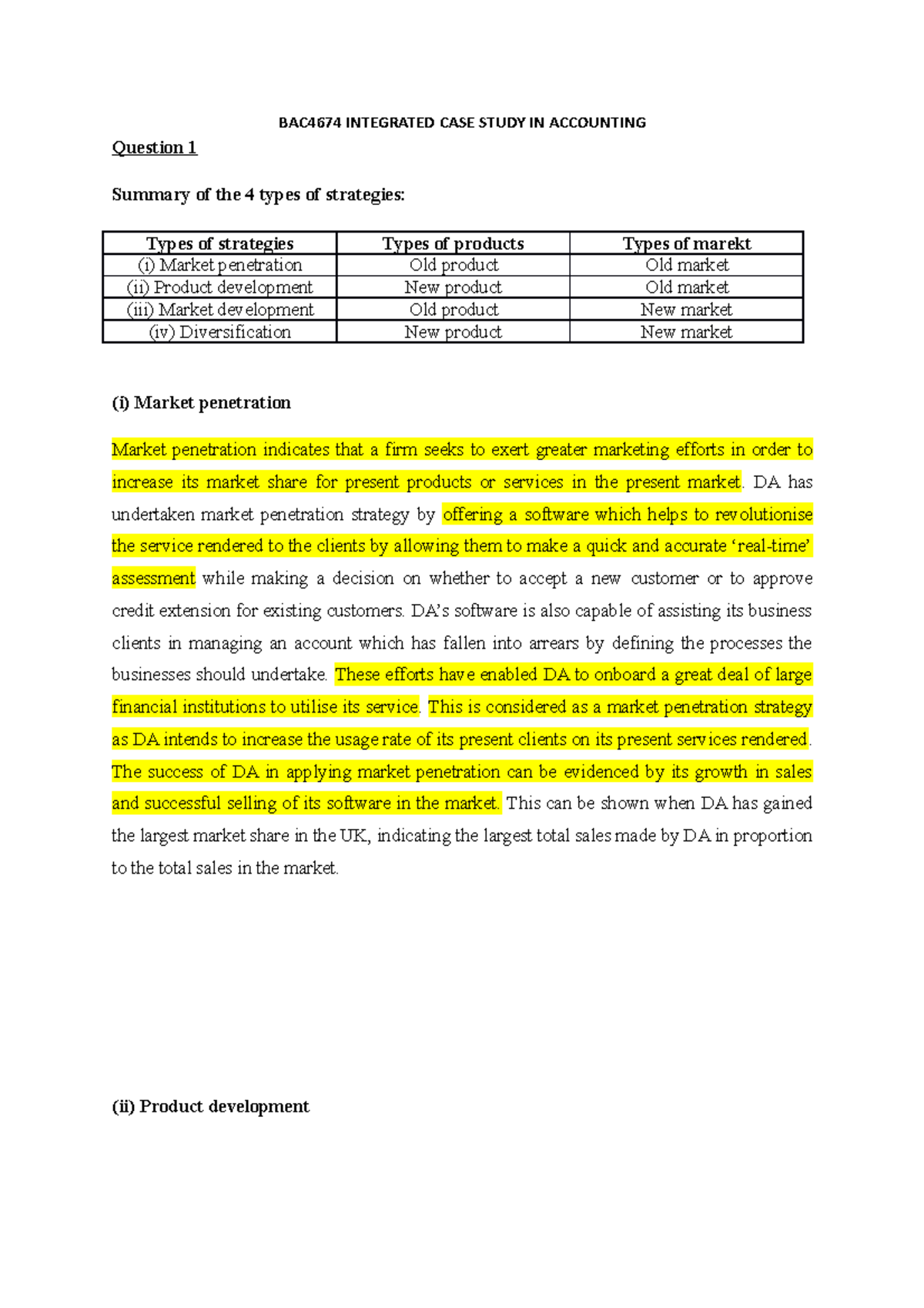 DA plc example working for type of strategies - BAC4674 INTEGRATED CASE ...