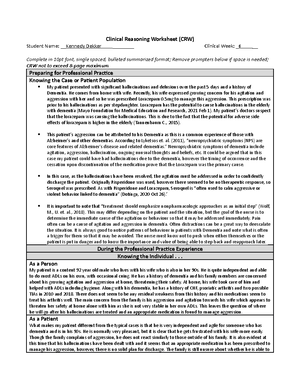 CRW 3 - Clinical reasoning worksheet - Clinical Reasoning Worksheet ...