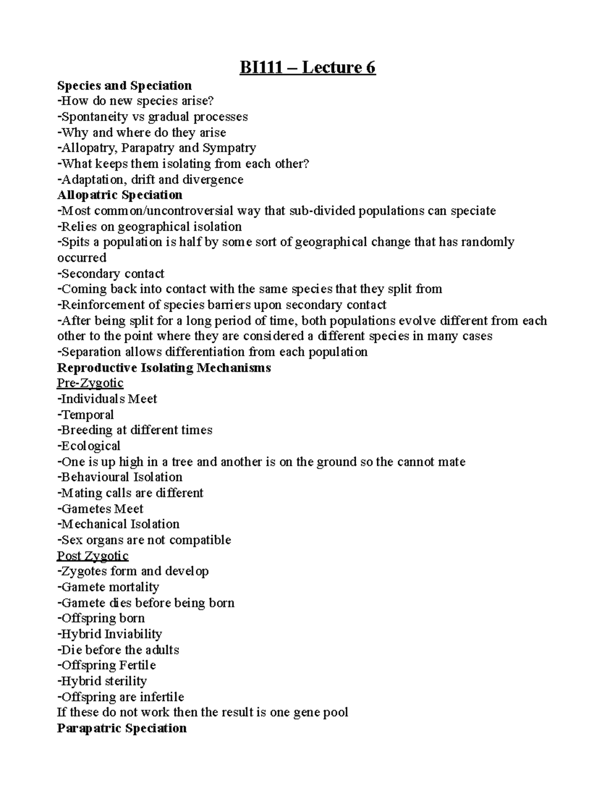 Lecture 7 - Dr. Tristan Long - BI111 – Lecture 6 Species and Speciation ...