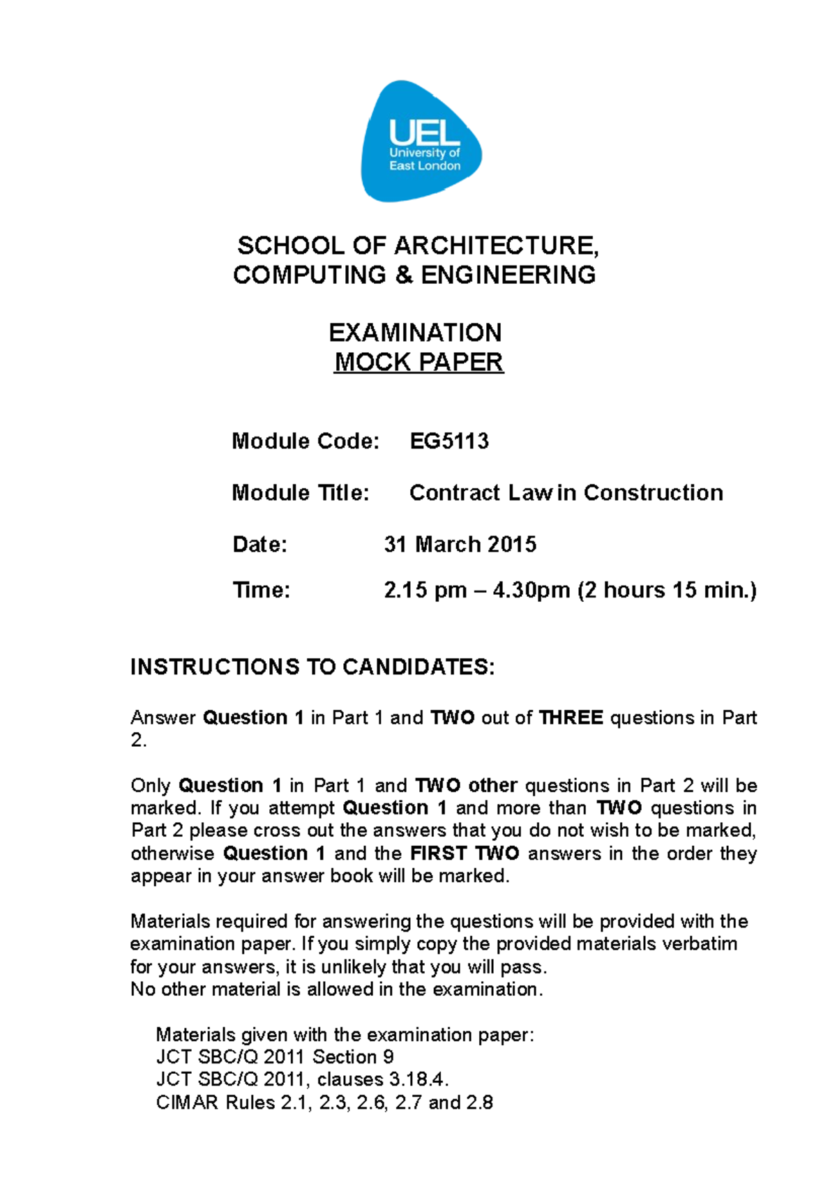 EG5113 Mock Paper 2015 - mock assignment - SCHOOL OF ARCHITECTURE ...