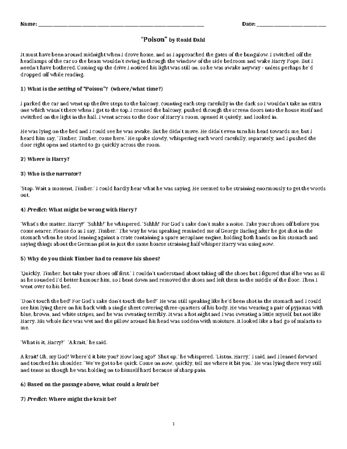 Poison Short Story with Questions - Name: - Studocu