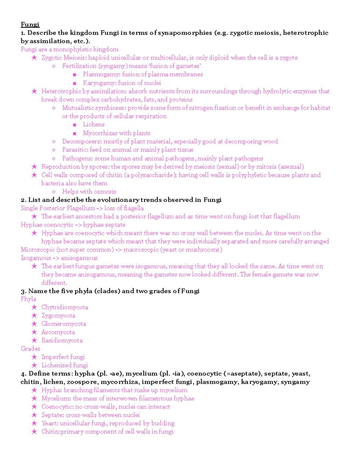 BIOL 1030 Zanzot EXAM 3 SLOs - Fungi Describe the kingdom Fungi in ...