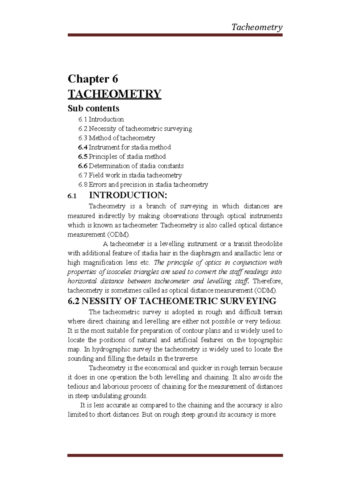 CH.6 Tachheometric Surveying final complete - Chapter 6 TACHEOMETRY Sub contents 6 Introduction ...