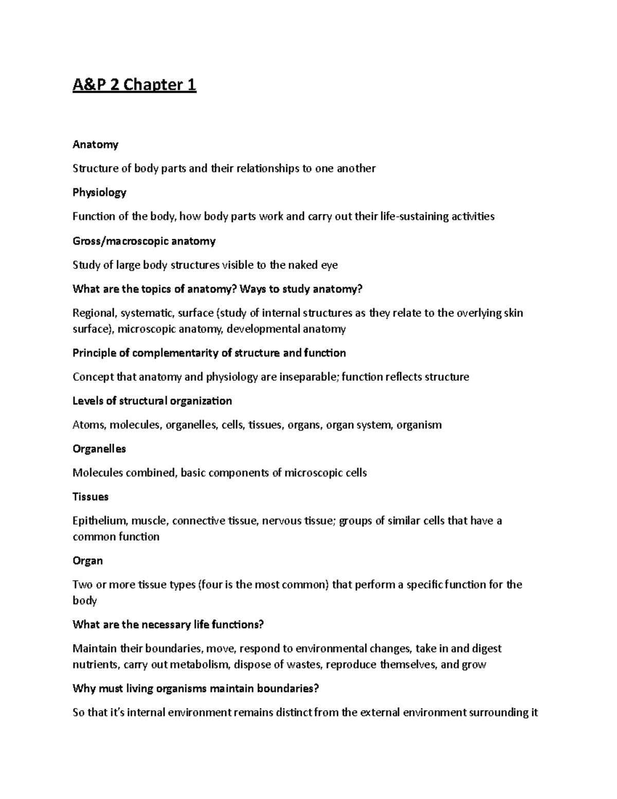 A and P, 2 Chapter 1 - notes/review - A&P 2 Chapter 1 Anatomy Structure ...