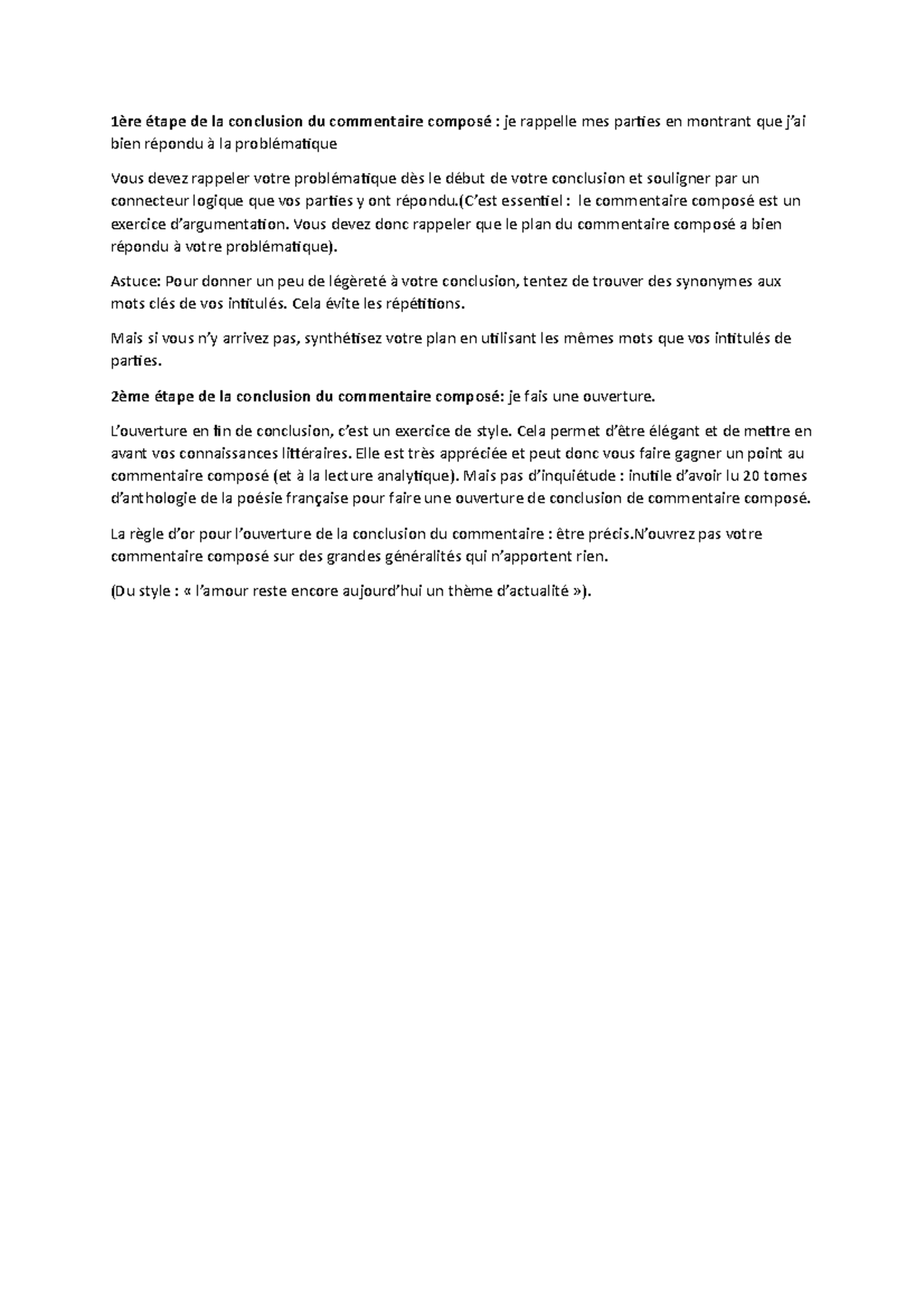 Commentaire Conclusions - 1ère étape de la conclusion du commentaire ...