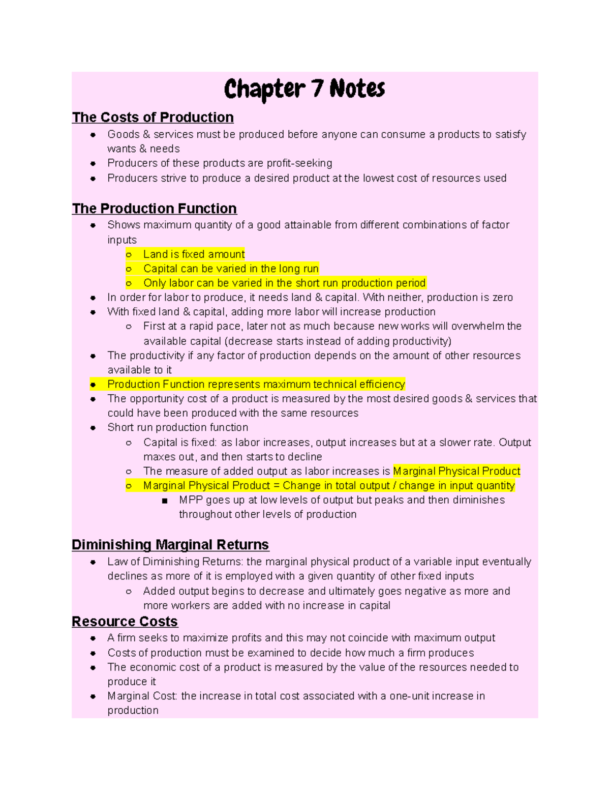 Chapter 7 Notes - Chapter 7 Notes The Costs of Production Goods ...