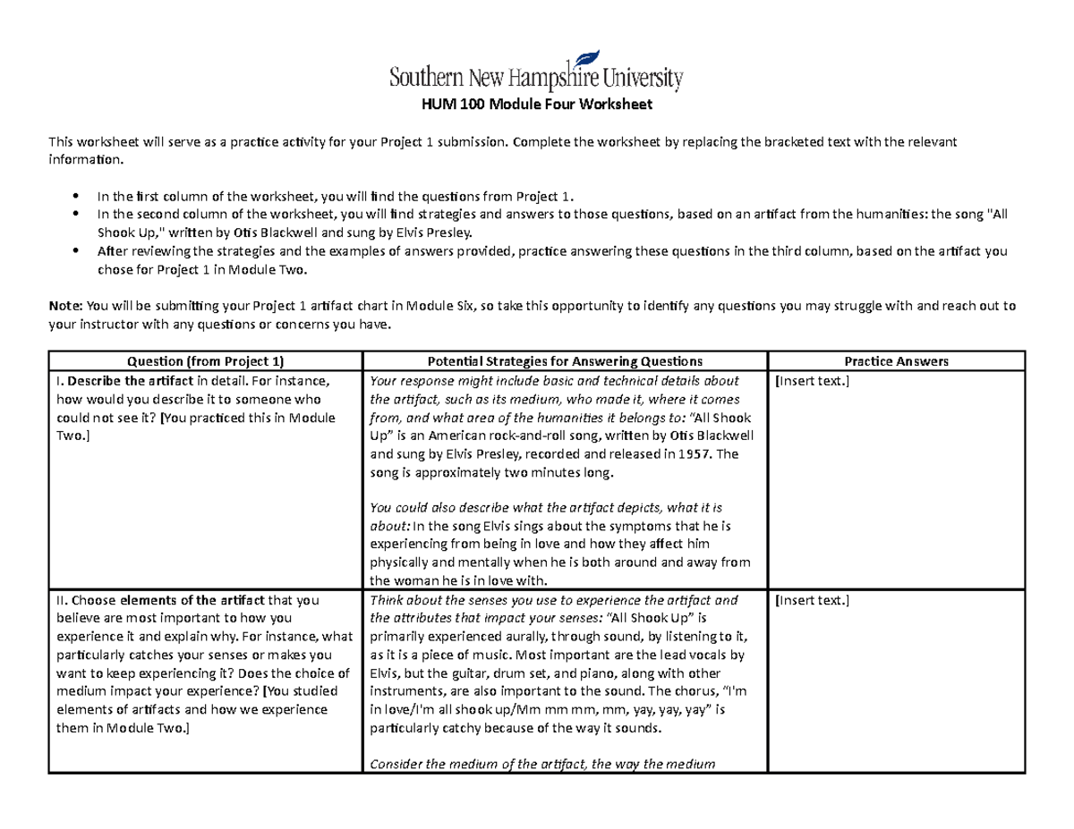HUM 100 Module Four Worksheet - HUM 100 Module Four Worksheet This ...