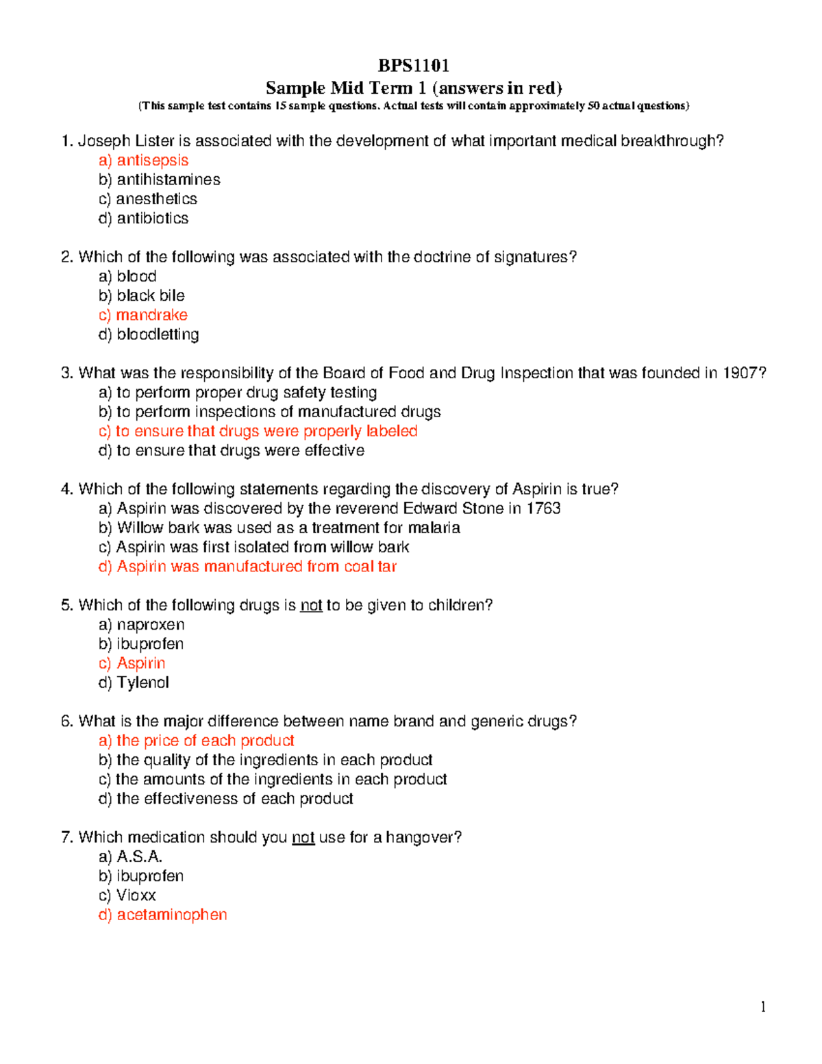Sample mid term 10 - 1 BPS Sample Mid Term 1 (answers in red) (This ...