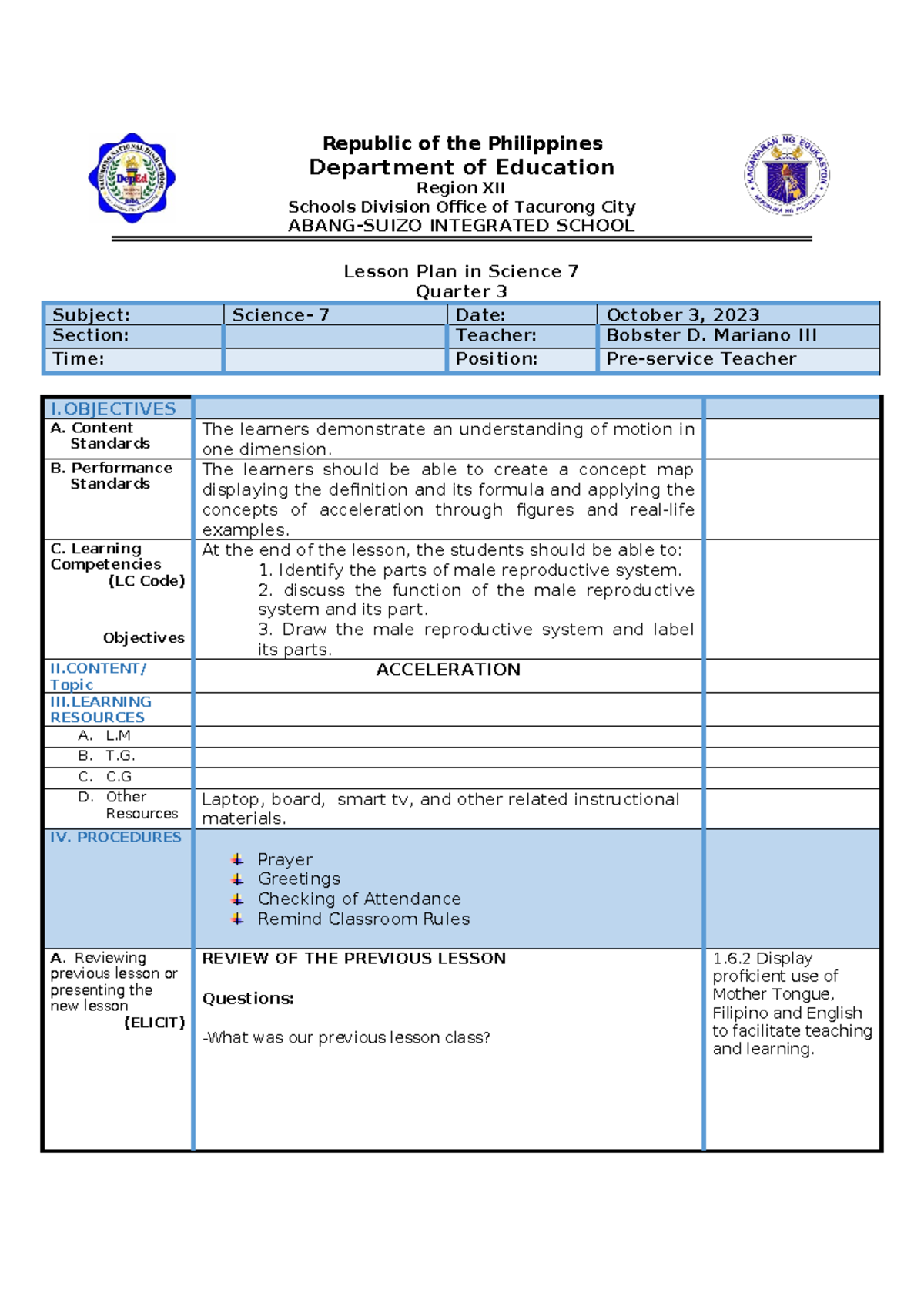 Acceleration Final- Lesson-PLAN - Republic of the Philippines ...