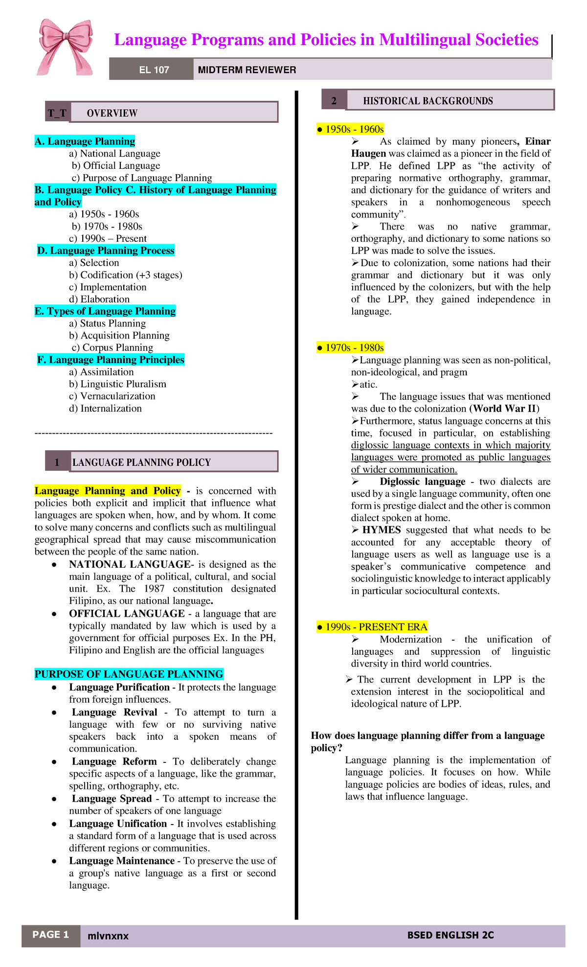 Midterm - REV. EL 107 - hope it help:) - Language programs and Policies ...