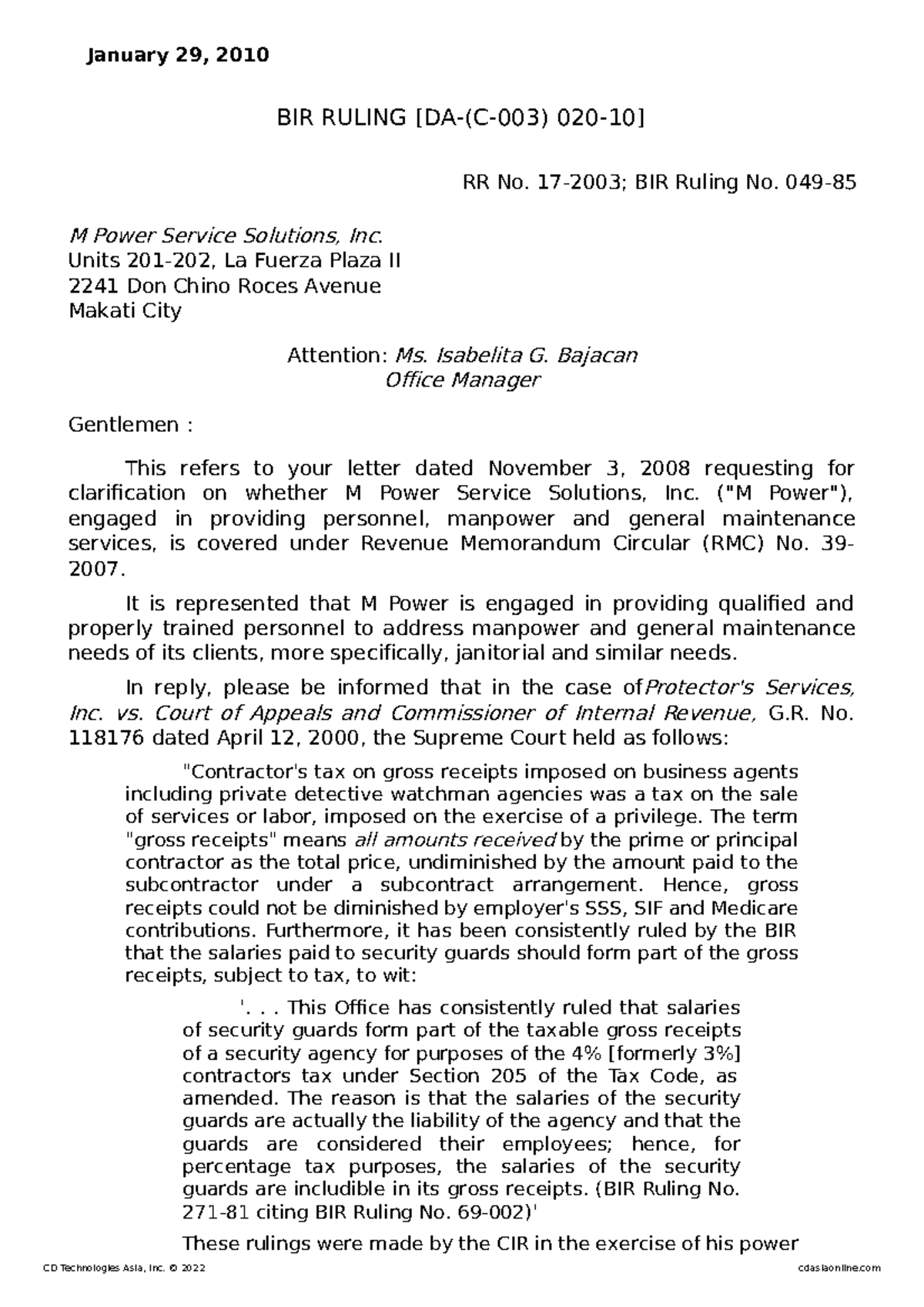 BIR Ruling [DA-(C-003) 020-10] - January 29, 2010 BIR RULING [DA-(C-003 ...
