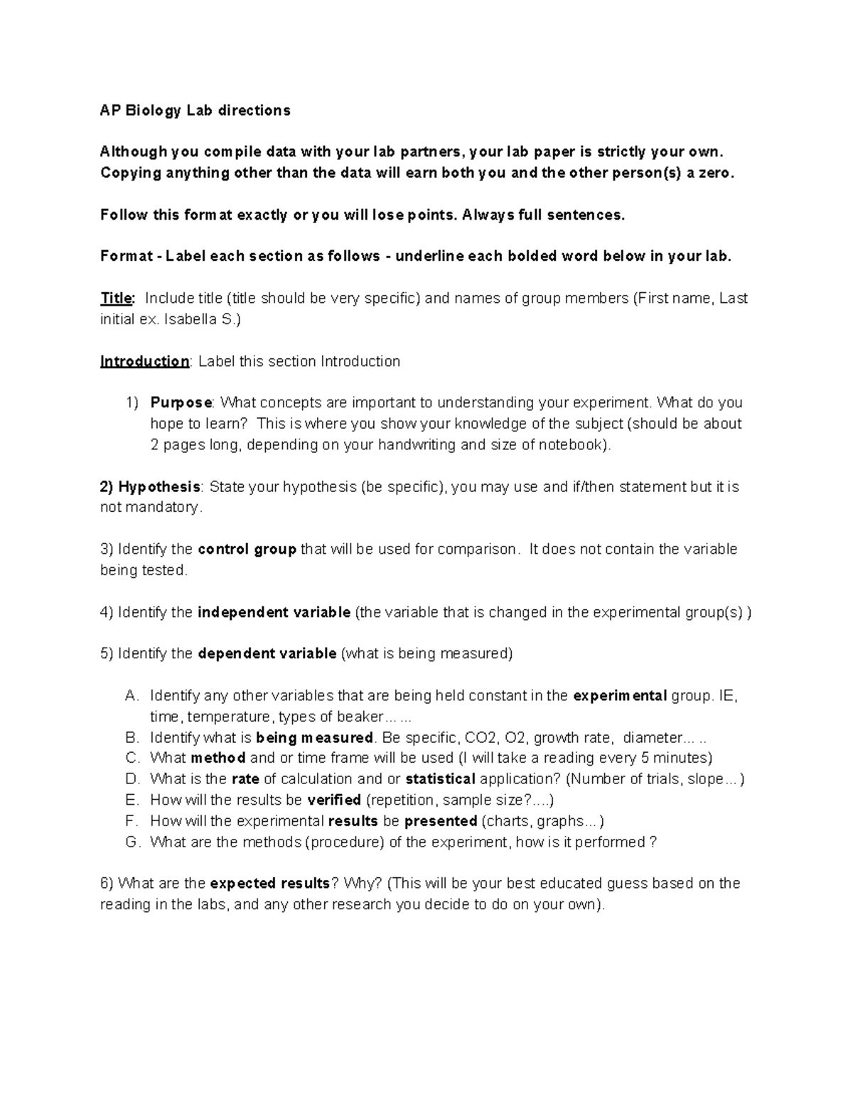 AP Biology Lab directions - AP Biology Lab directions Although you ...
