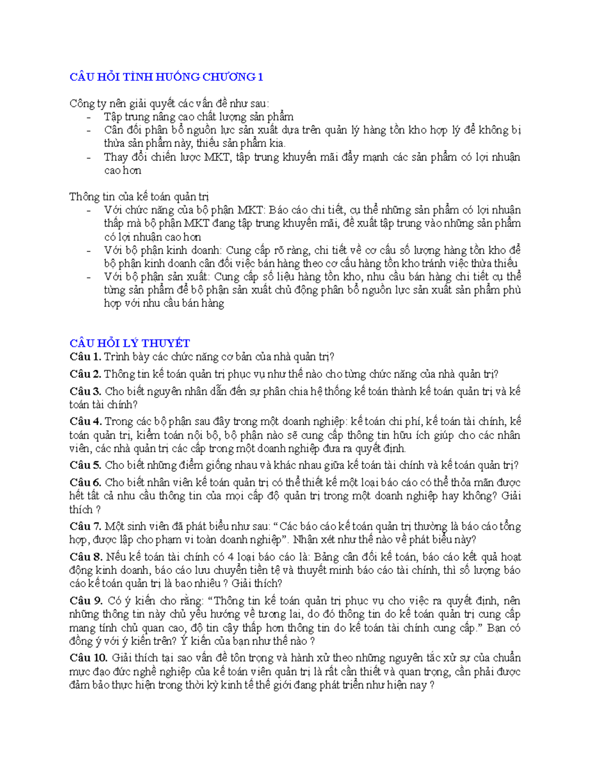 Chương 1- Câu hỏi LT- Trắc nghiệm Nop - CÂU HỎI TÌNH HUỐNG CHƯƠNG 1 ...