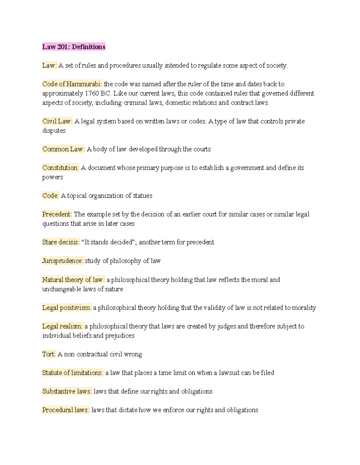 Law 201 ch. 1 definitions - Law 201: Definitions Law: A set of rules and procedures usually ...
