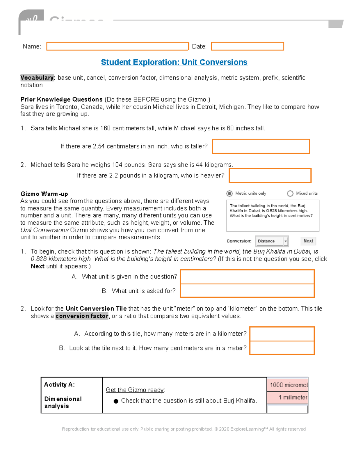 Unit Conversion SE - jbjb k - Name: Date: Student Exploration: Unit ...