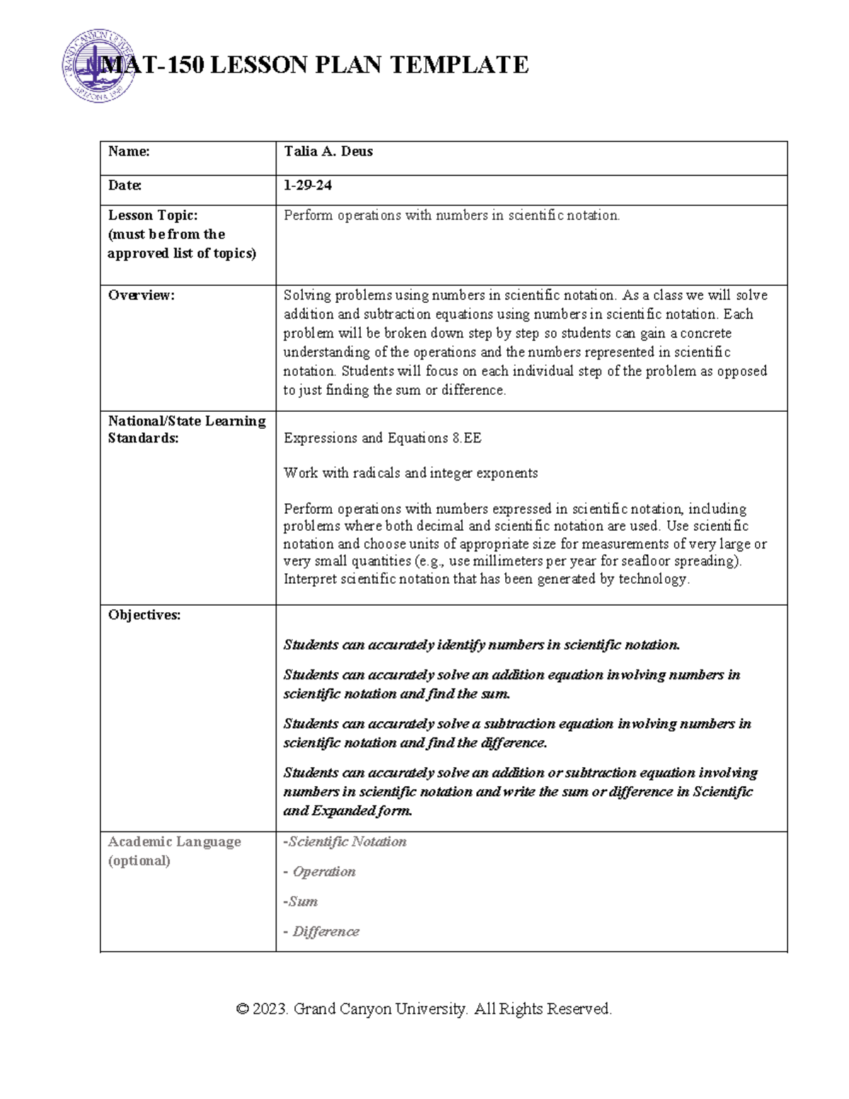 MAT-150 Lesson Plan - MAT-150 LESSON PLAN TEMPLATE Name: Talia A. Deus ...