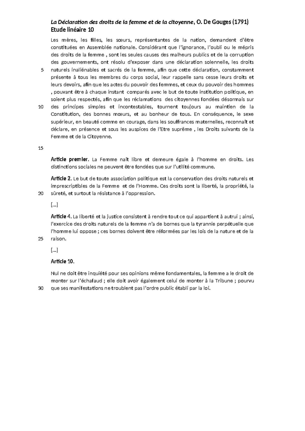 EL 10 Texte - Étude linéaire - La Déclaration des droits de la femme et ...