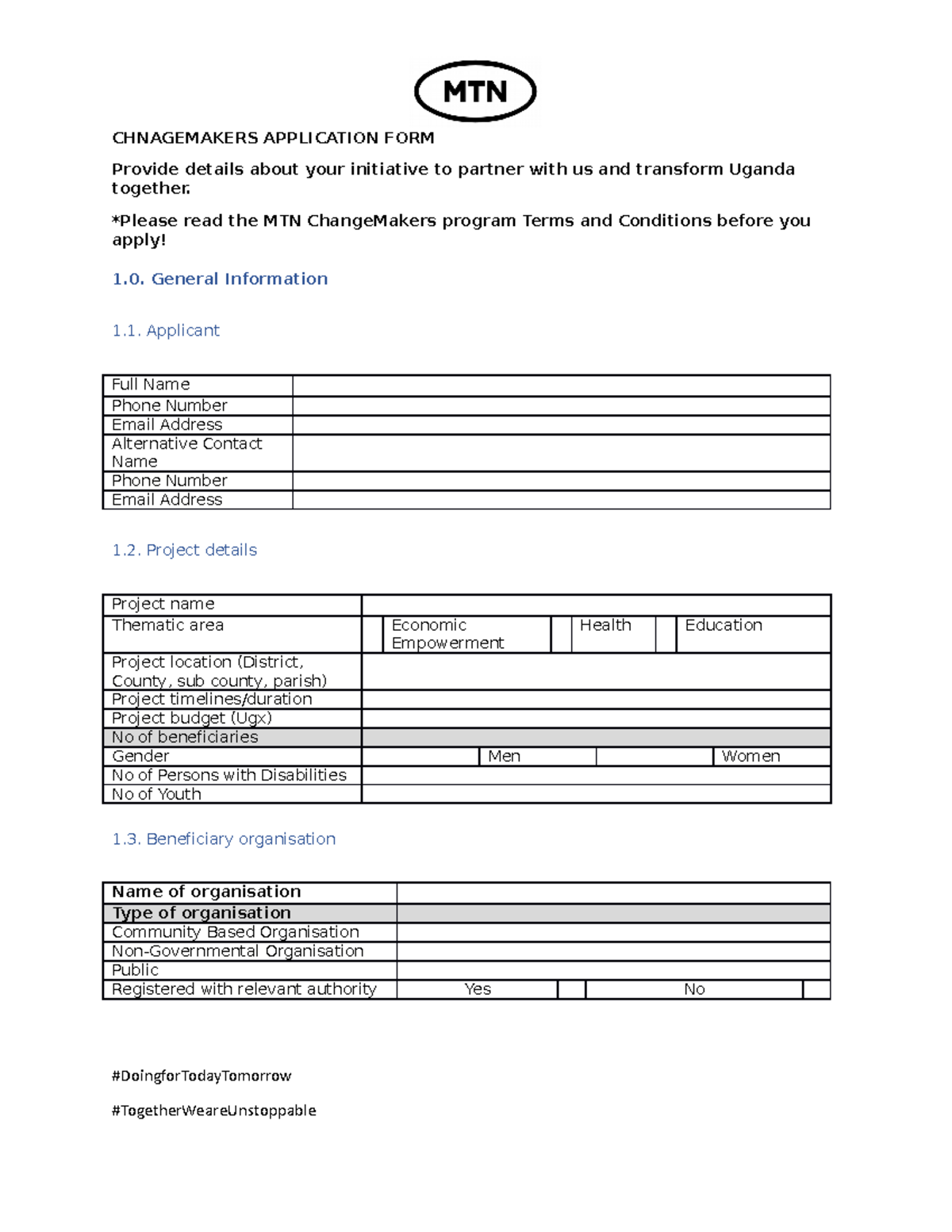 MTN Change Makers Application form - CHNAGEMAKERS APPLICATION FORM ...