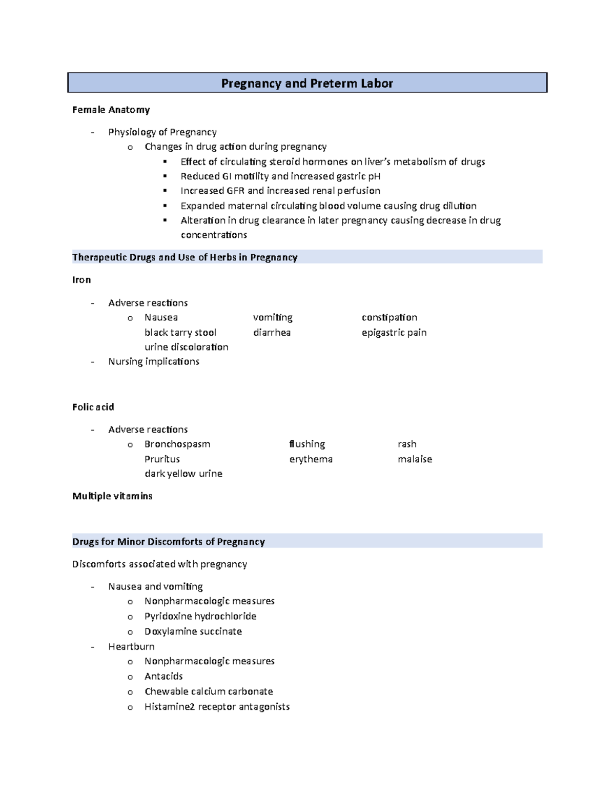 Pharm- PREG - Pre- labor medications lecture notes - Pregnancy and ...