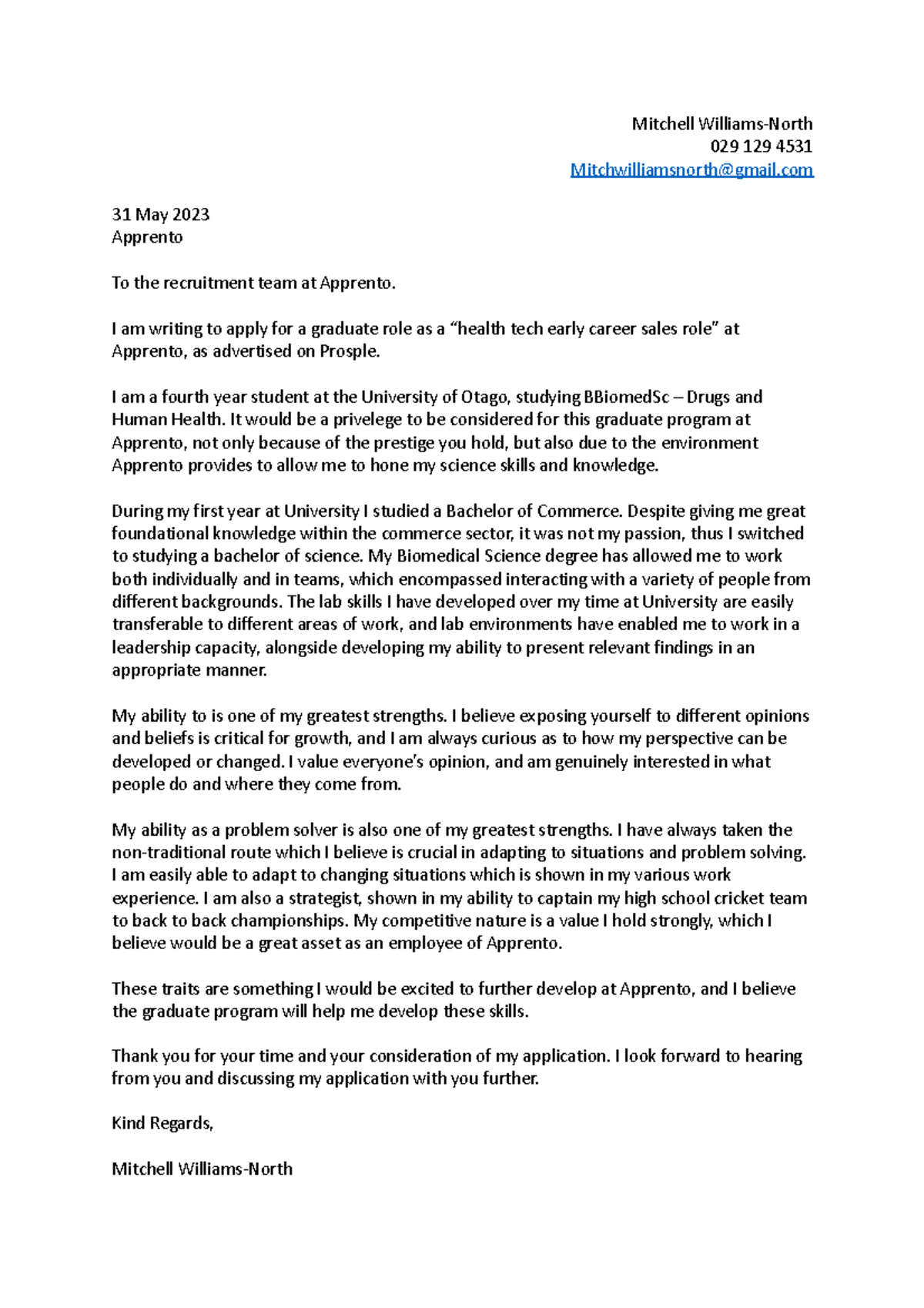 Apprento Cover Letter - Yes - Mitchell Williams-North 029 129 4531 Mitchwilliamsnorth@gmail 31 ...