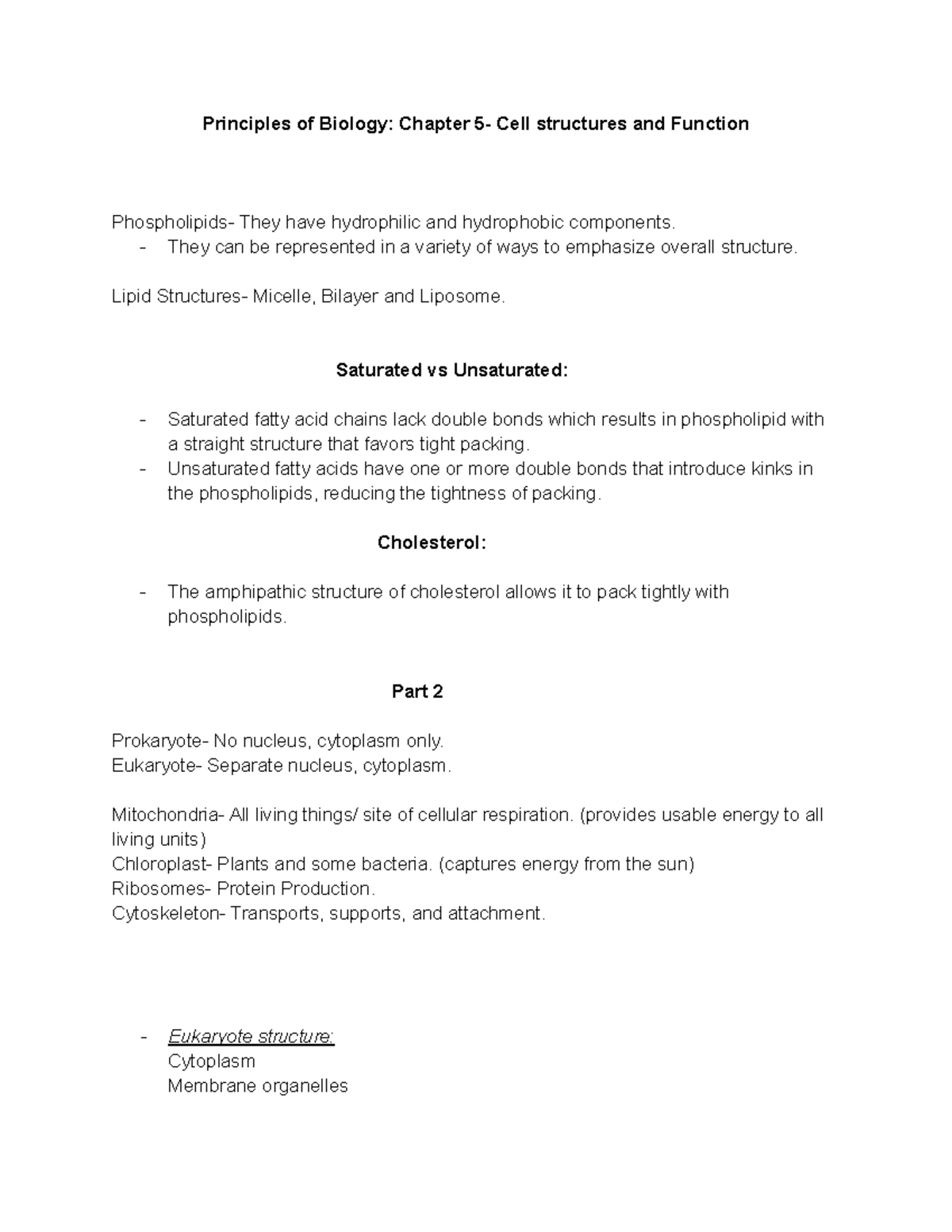 Principles of Biology Chapter 5- Cell structures and Function ...