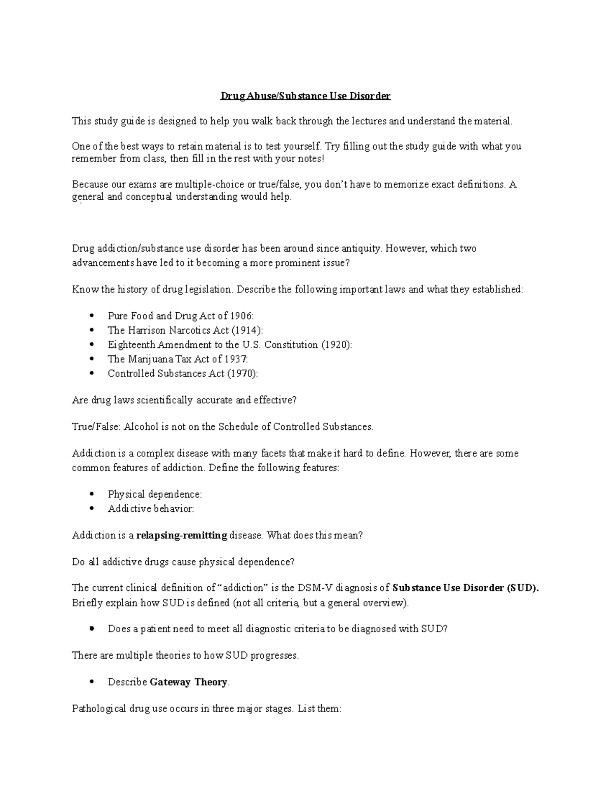 Lecture Drug Abuse Study Guide - Drug Abuse/Substance Use Disorder This ...