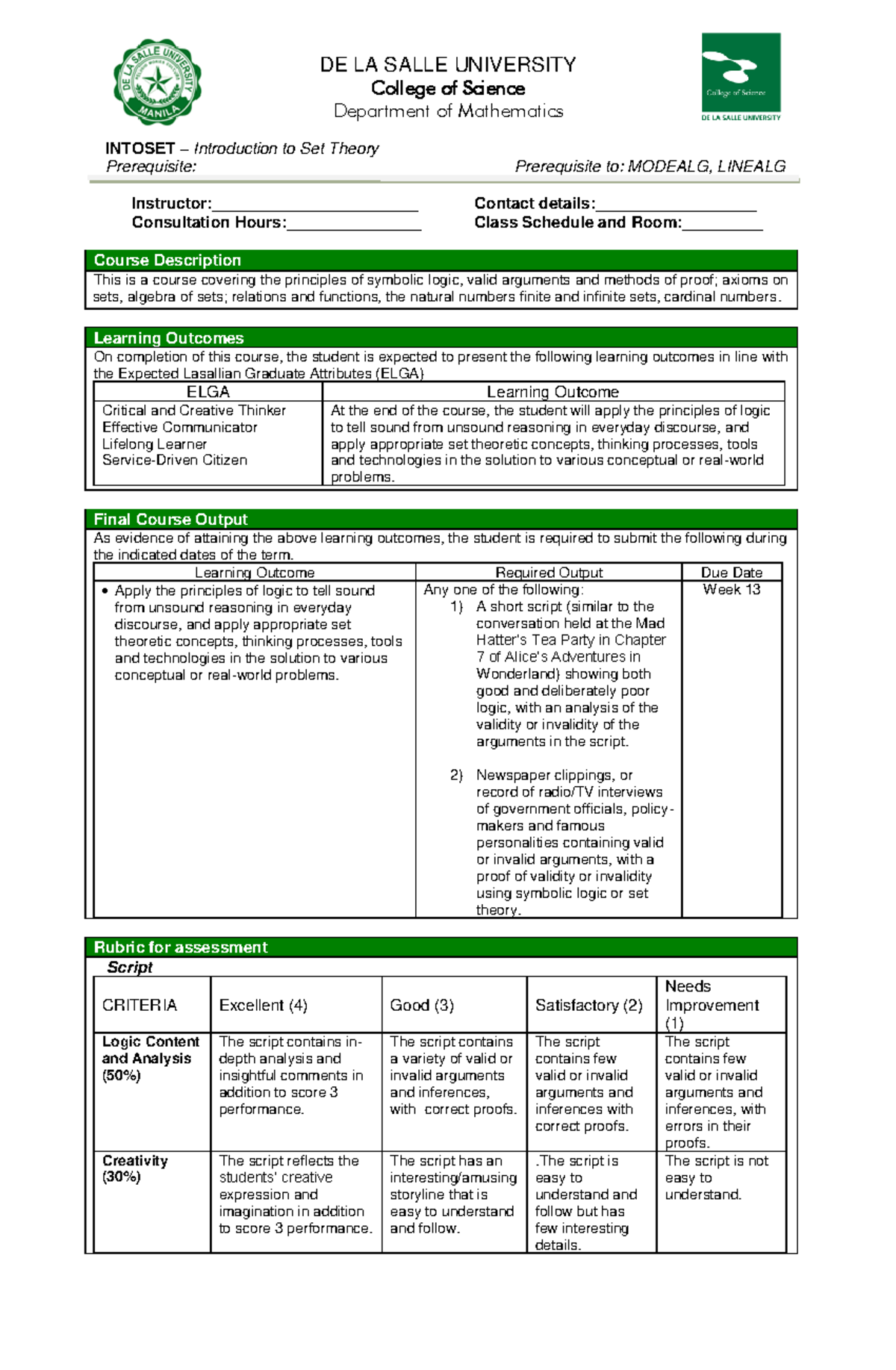Logic and set theory Assessment - DE LA SALLE UNIVERSITY College of ...