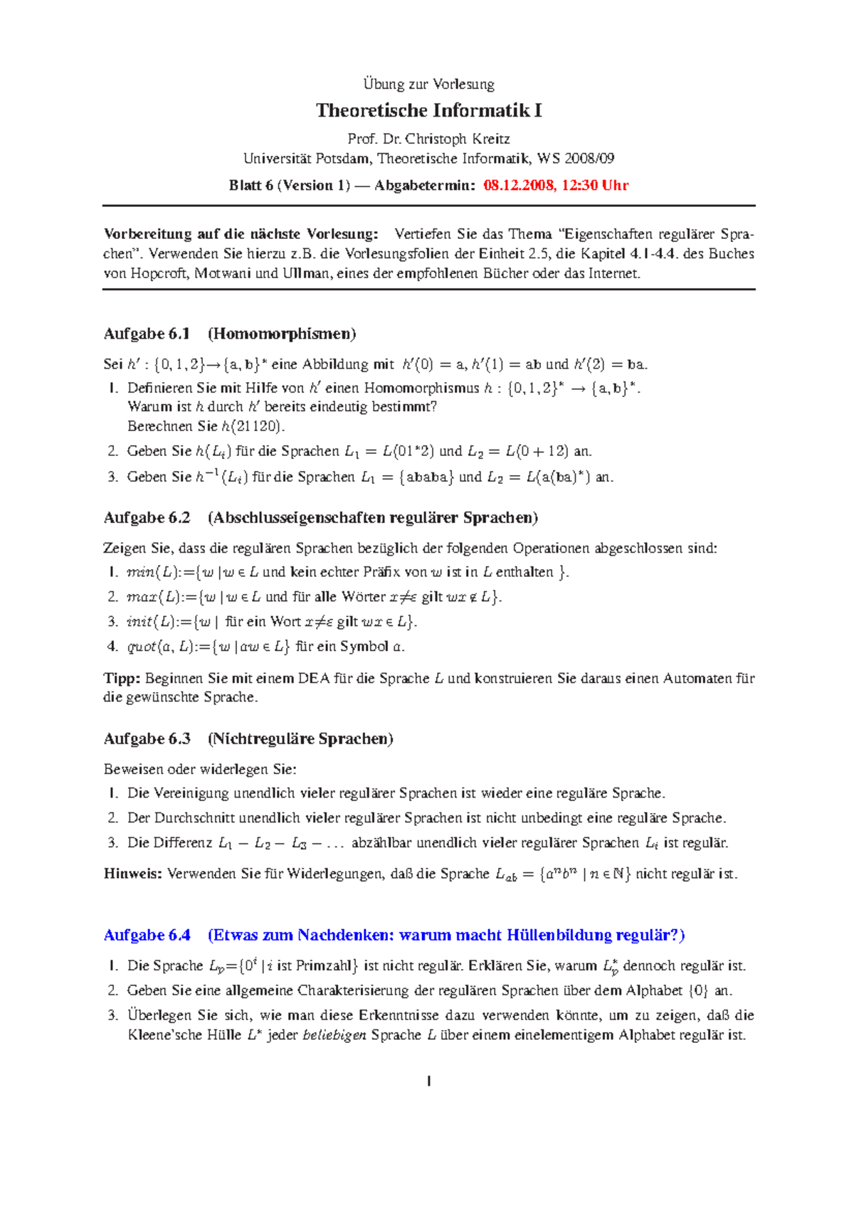 Uebung-06 - Übung zur Vorlesung Theoretische Informatik I Prof. Dr ...