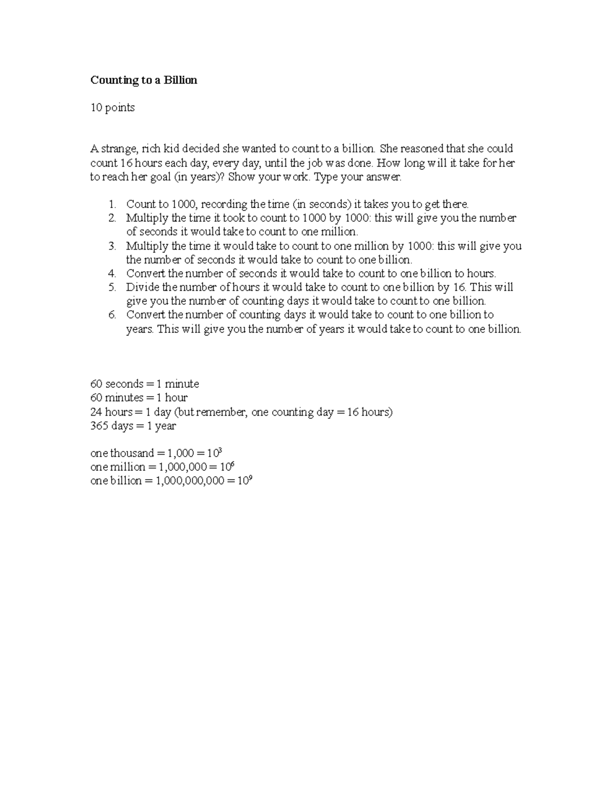 Billion - Counting Assignment - Counting to a Billion 10 points A ...