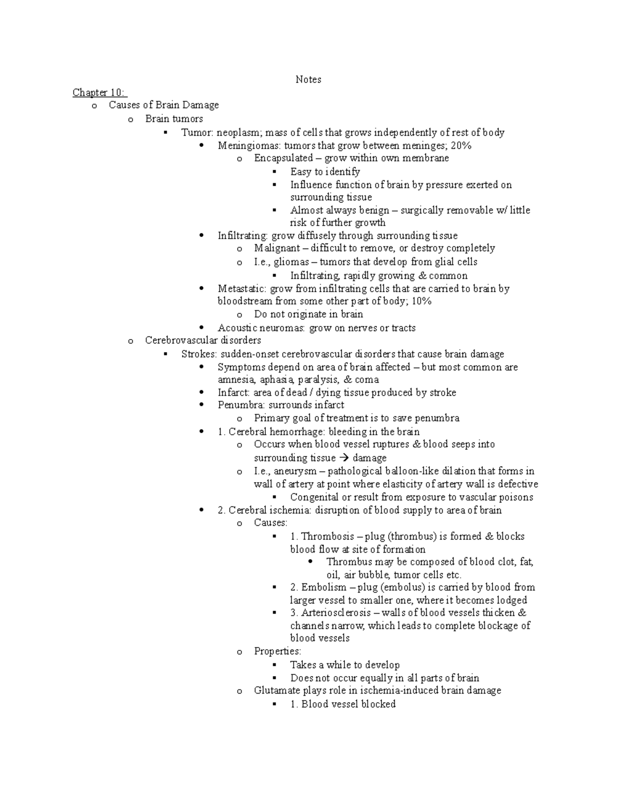 Unit 1 Notes - Notes Chapter 10: o Causes of Brain Damage o Brain ...