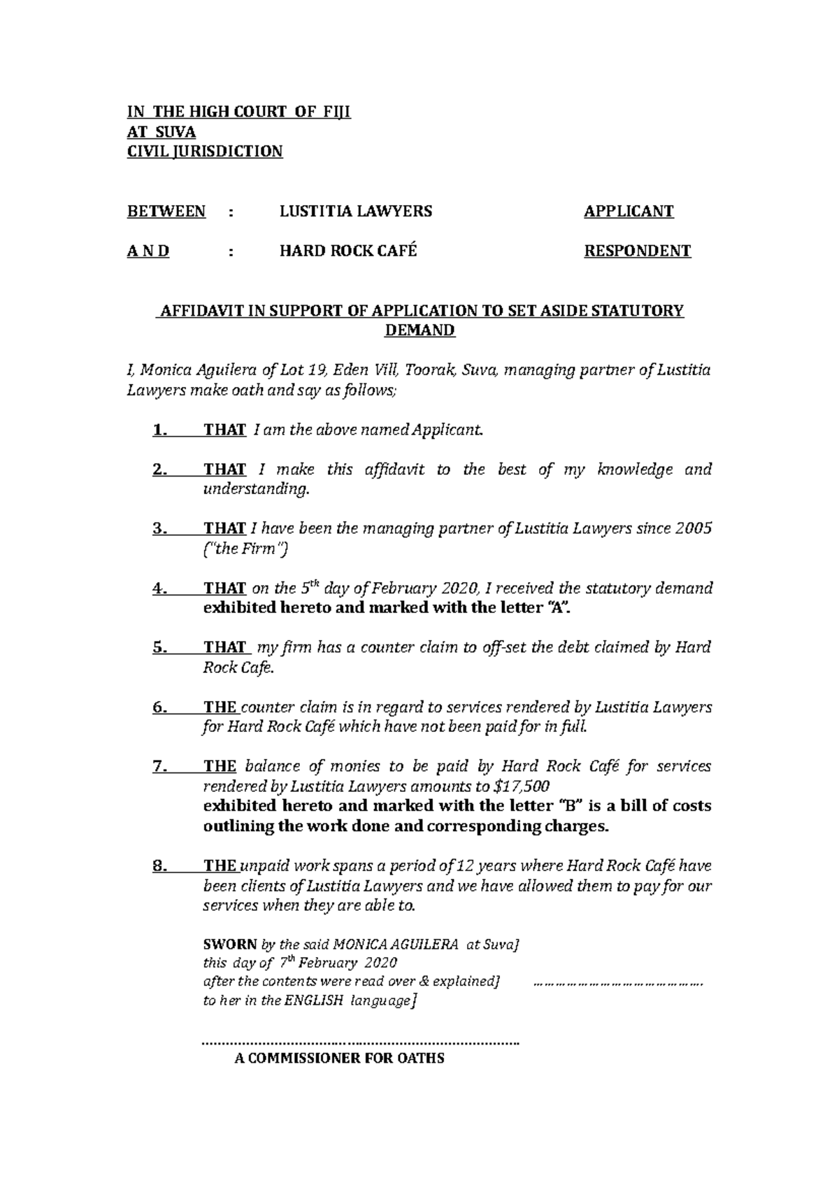 Affidavit in support of application to set aside statutory declaration ...