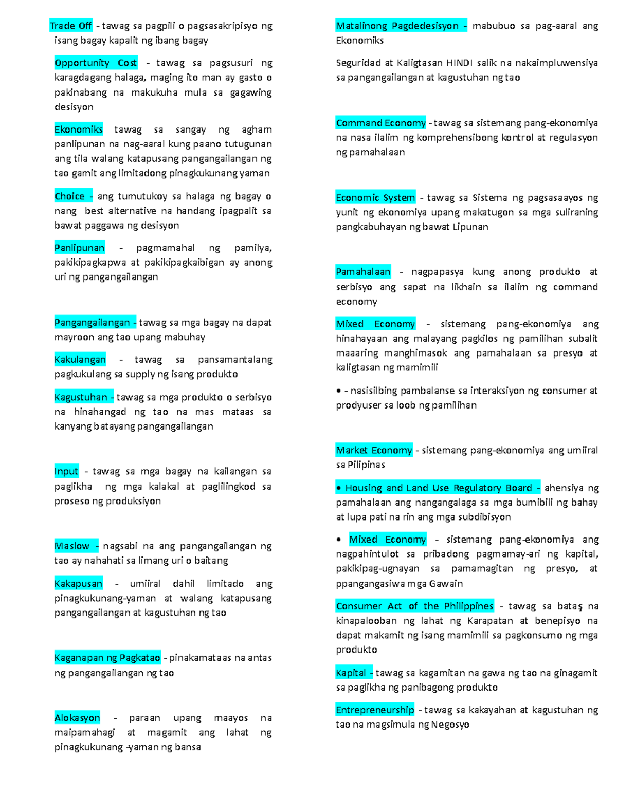 Trade Off notes - Trade Off - tawag sa pagpili o pagsasakripisyo ng ...