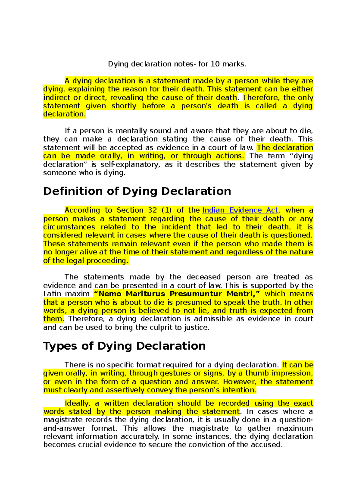 Dying declaration notes - A dying declaration is a statement made by a ...