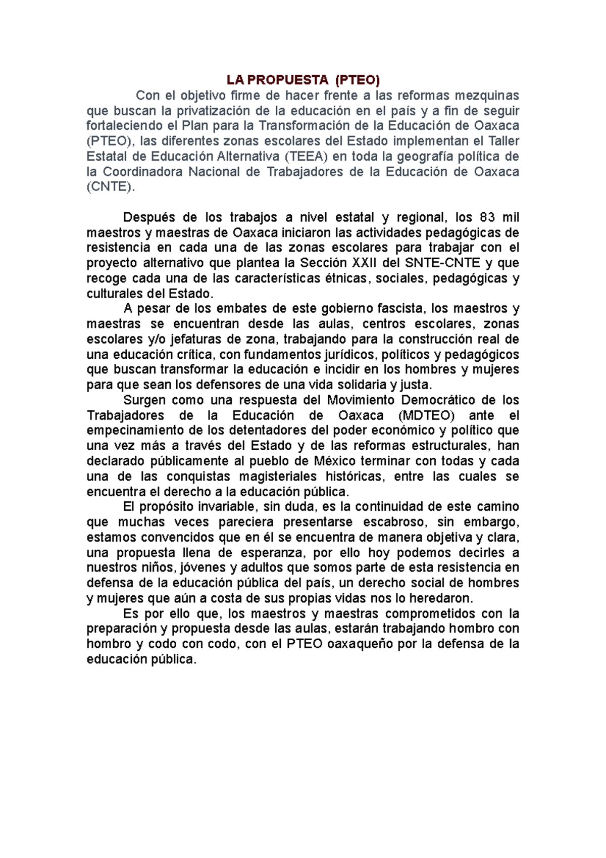 LA Propuesta Pedagogica (PTEO) - LA PROPUESTA (PTEO) Con el objetivo firme de hacer frente a las ...