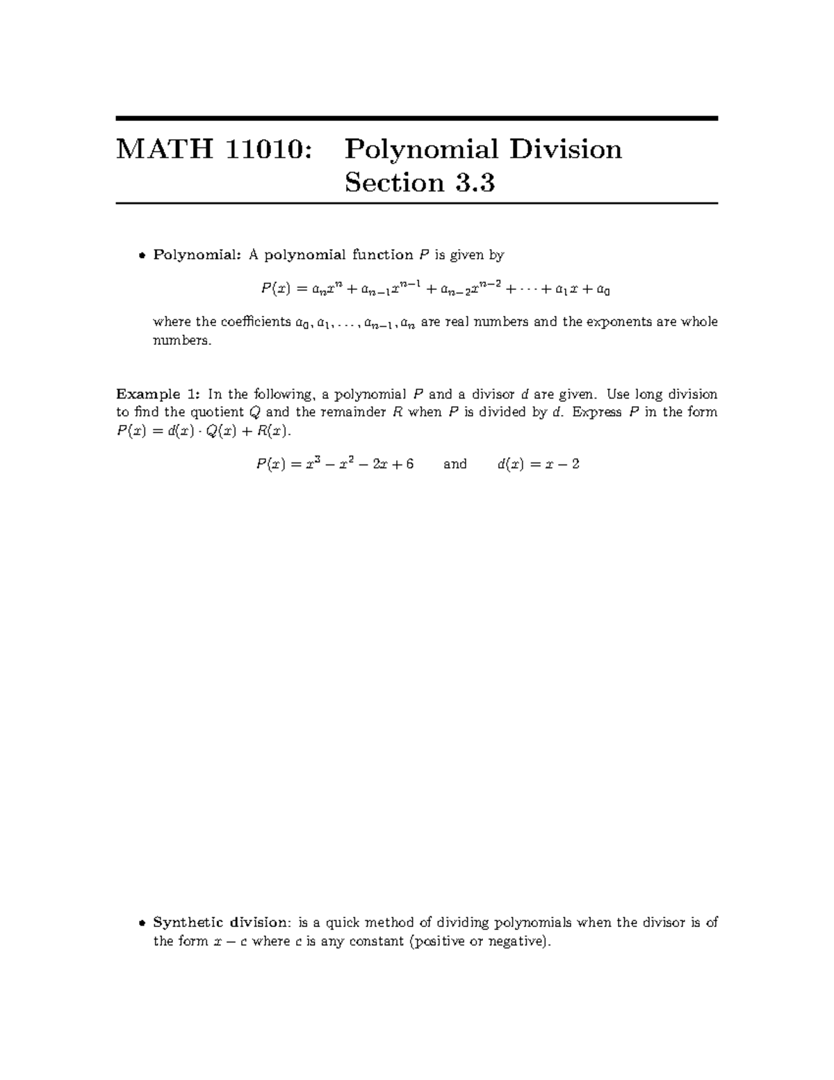 Polynomial Division MATH 11010 Polynomial Division Section 3 polynomial-division-math-11010-polynomial-division-section-3