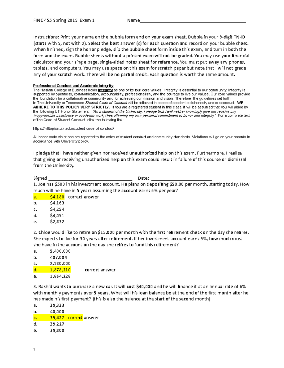 FINC 455 Exam 1 Sp 2019 solution A-3 - FINC 455 Spring 2019 Exam 1 ...