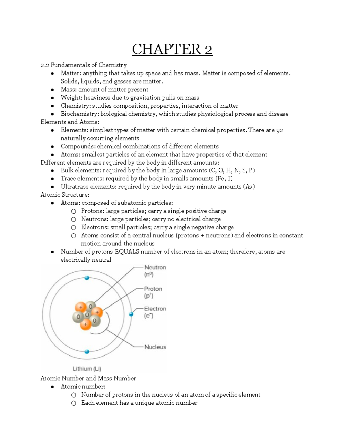 Human A & P I Notes Chapter 2 - CHAPTER 2 2 Fundamentals of Chemistry ...