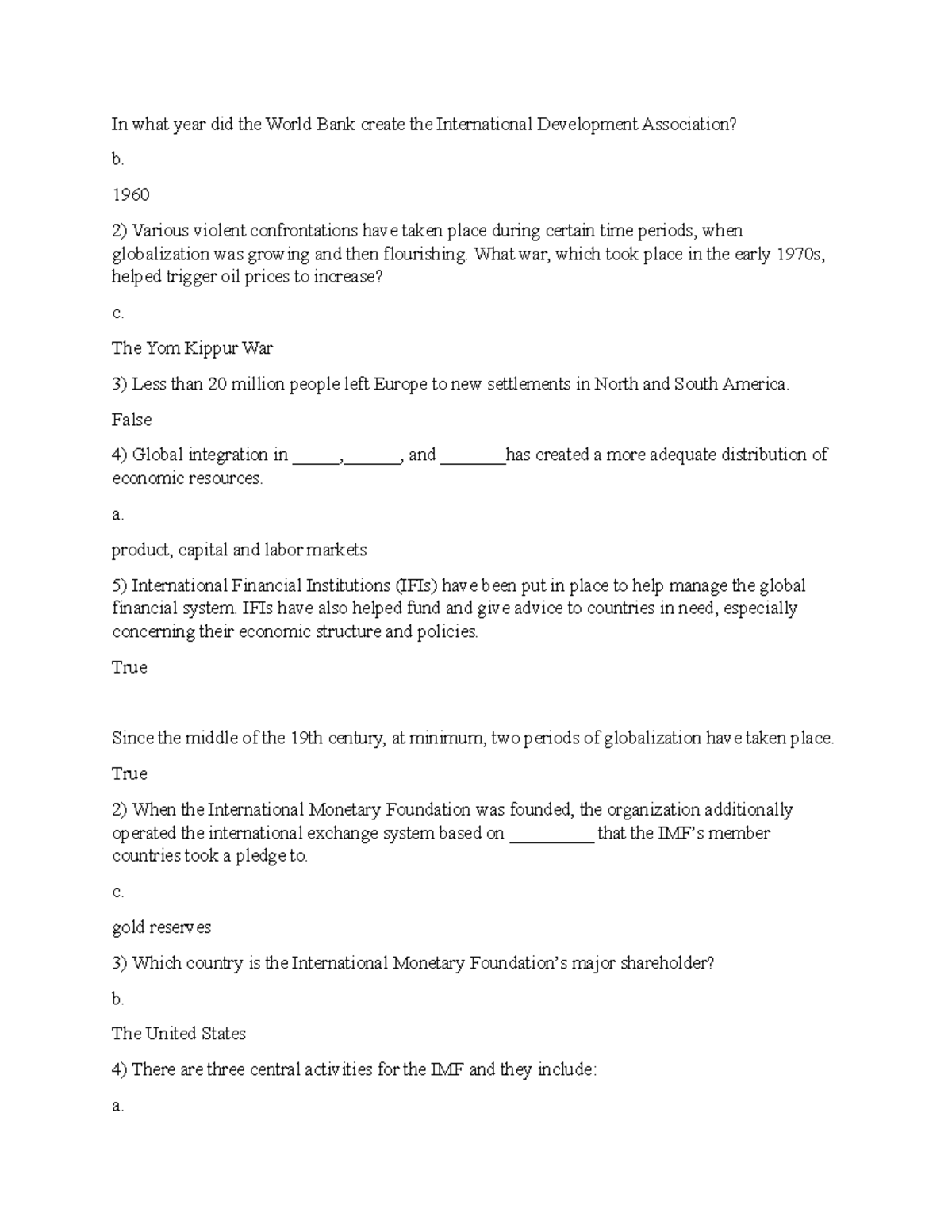 4) Self-Quiz Unit 2 Globalization - In what year did the World Bank create the International ...