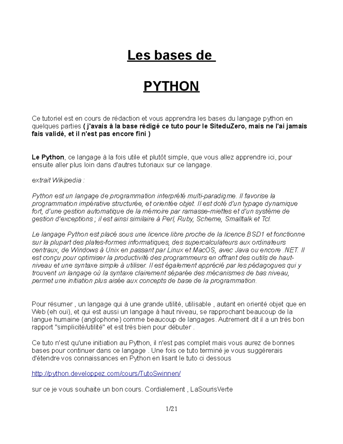 Les bases de Python - Les bases de PYTHON Ce tutoriel est en cours de ...