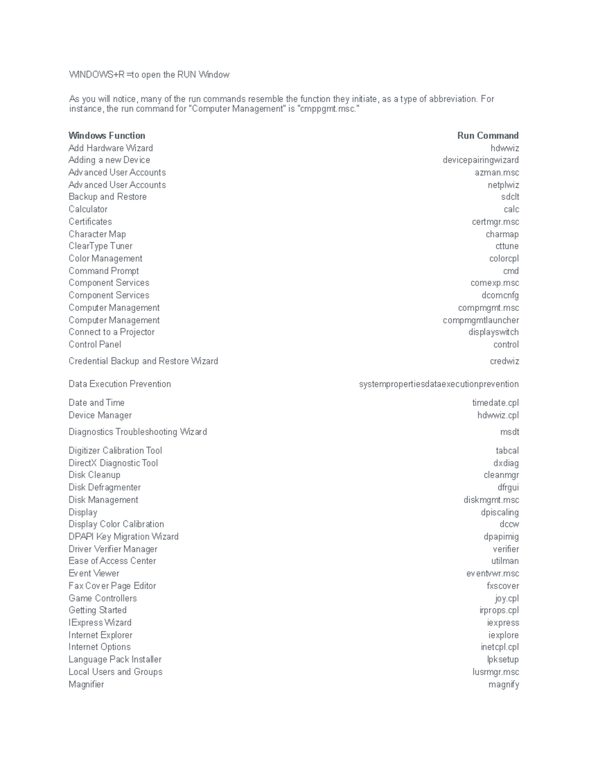 Run Commands - WINDOWS+R =to open the RUN Window As you will notice ...