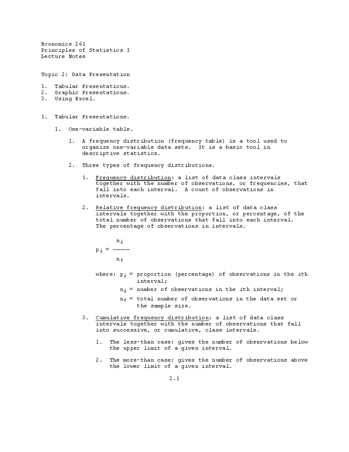 Lecture notes - Data presentation, data presentation - Economics 261 ...