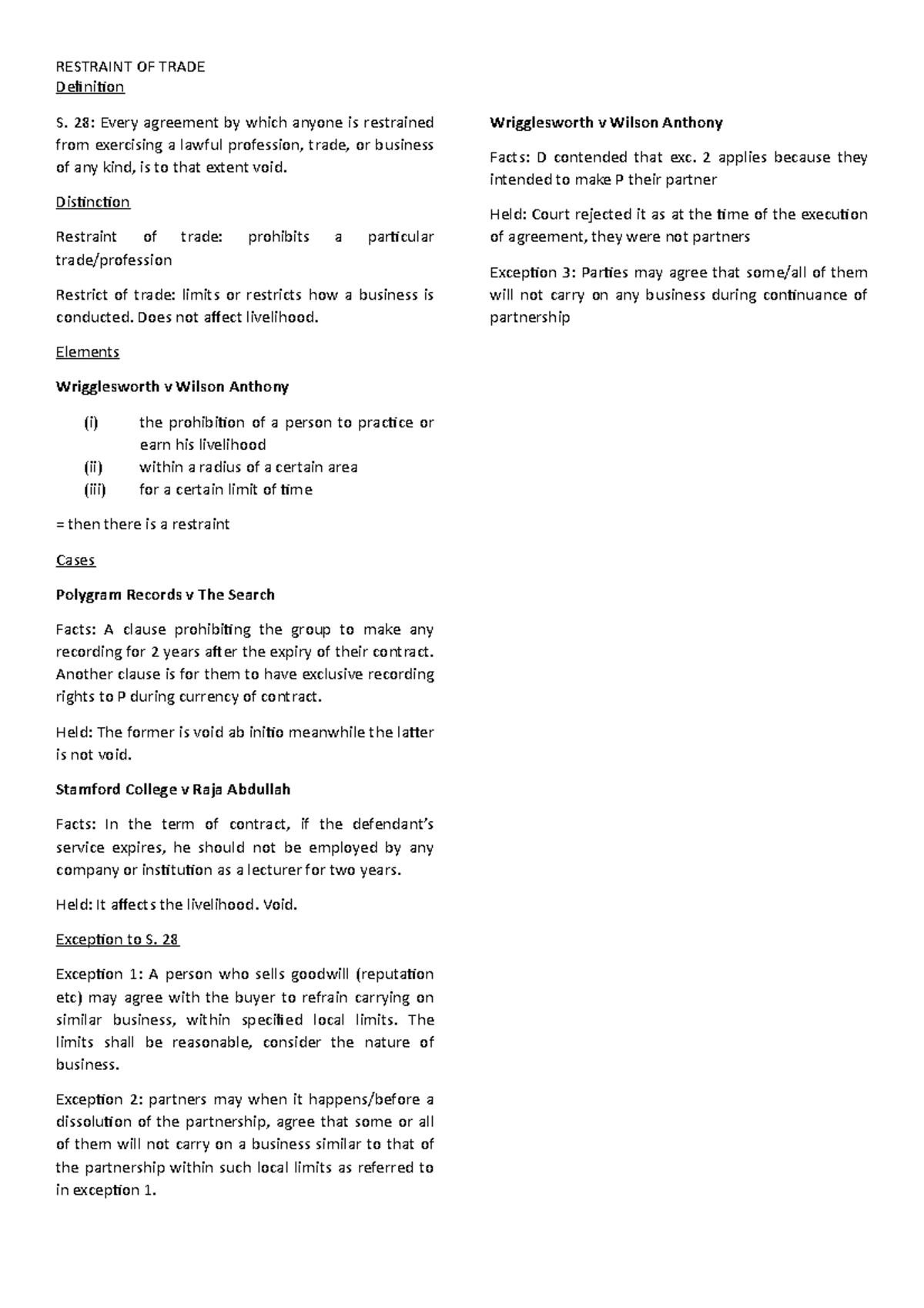 Contract LAW ROT Notes RESTRAINT OF TRADE Definition S 28 Every
