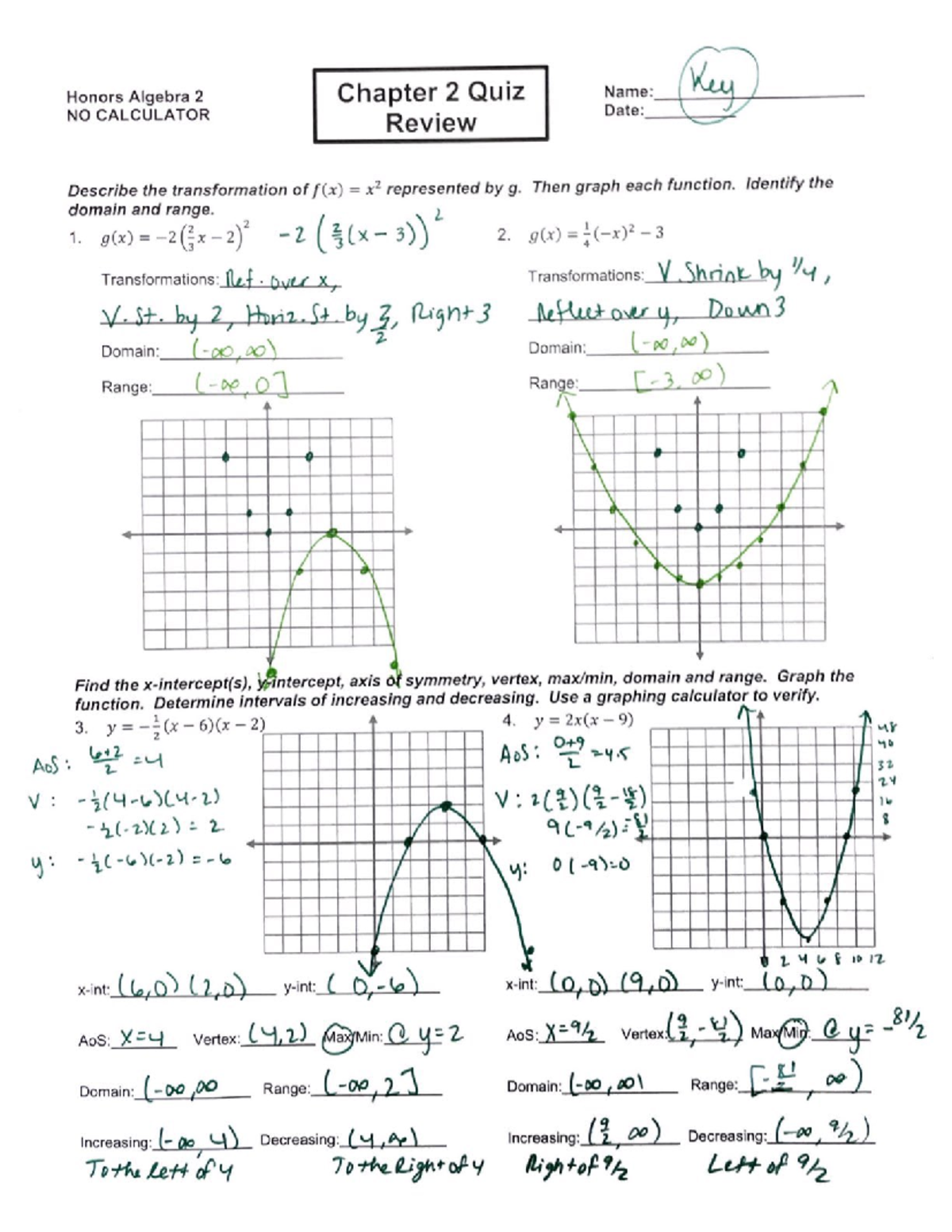 Chapter 2 (Graphing Quadratics) - Quiz Review KEY - Studocu