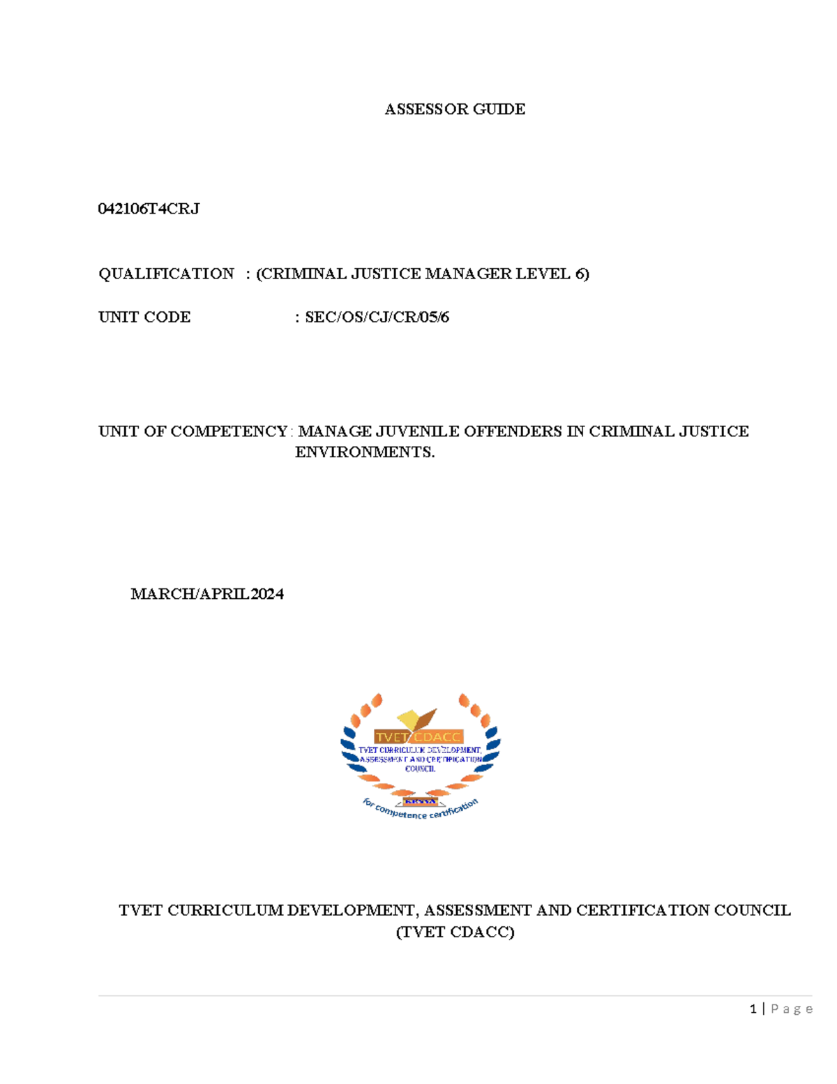 Manage Juvenile Offenders Level 6 Cdacc-TVET Assesor Guide march-april ...