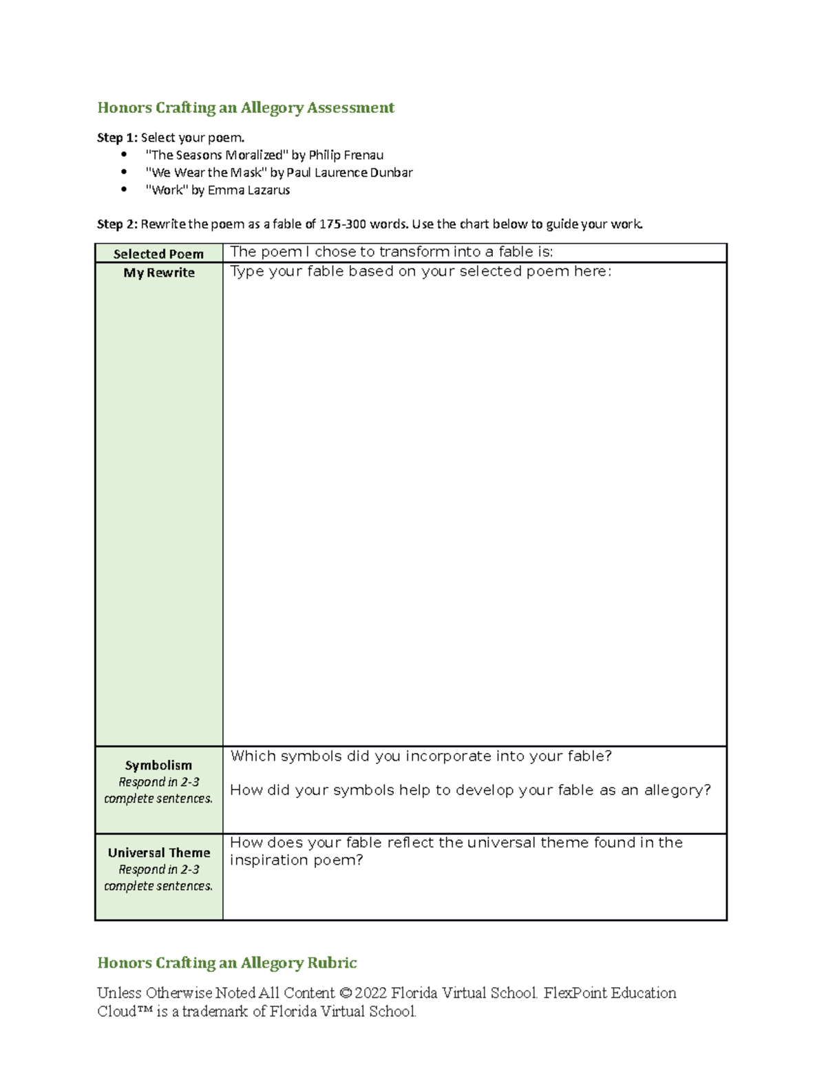 Honors crafting an allegory assess rubric - Honors Crafting an Allegory ...