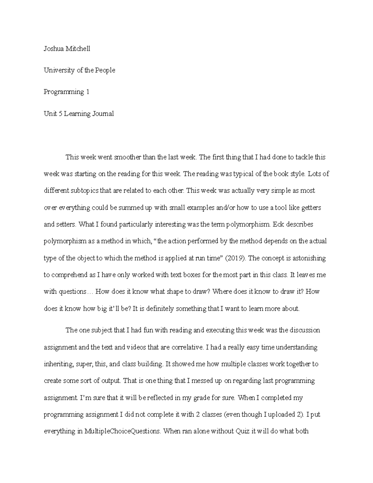 Programming 1 Unit 5 Learning Journal - Joshua Mitchell University of ...